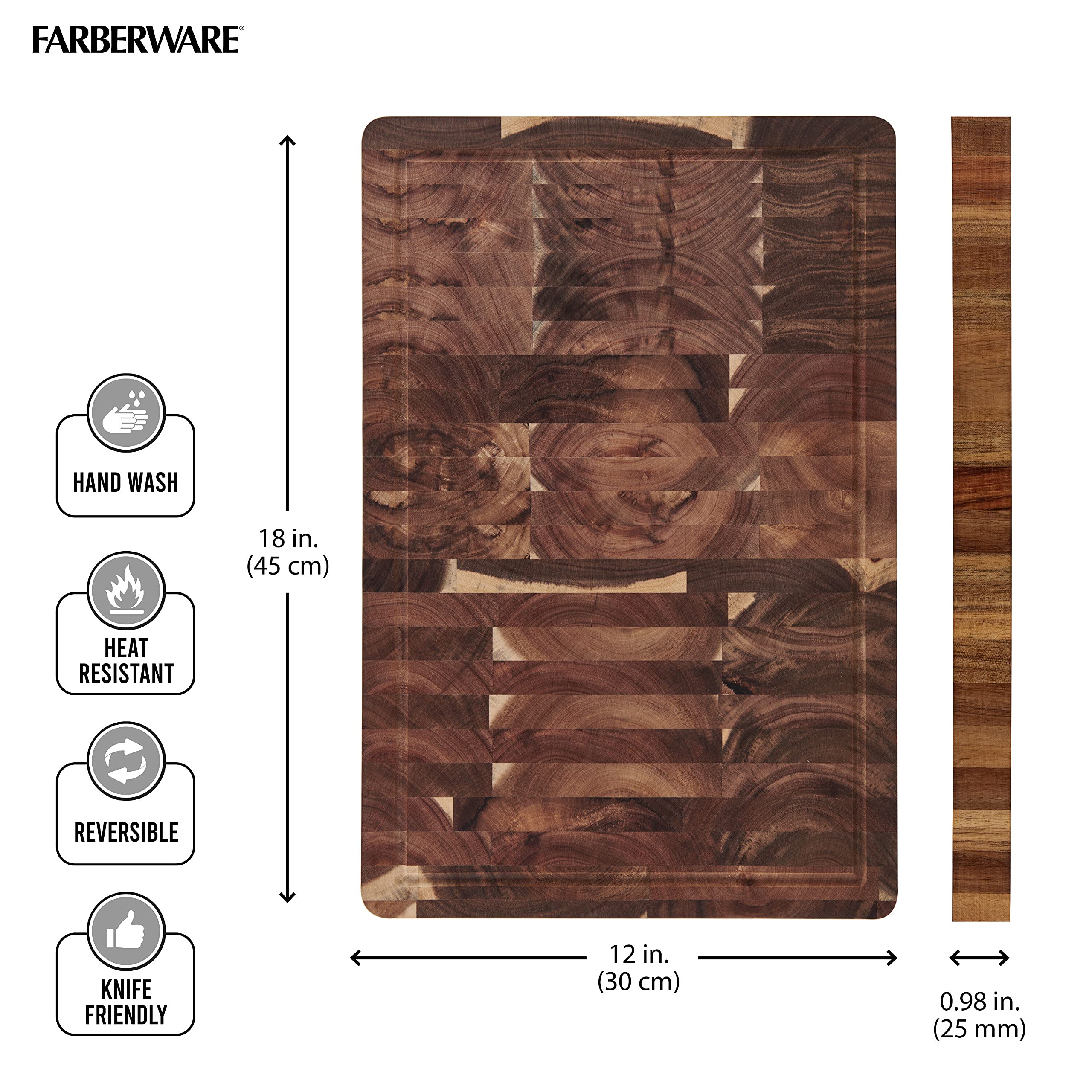 Farberware Thick End Grain Acacia Cutting Board with Juice Groove and Finger Grips, 12x18 Inch