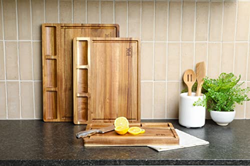 Acacia Wood Cutting Board with Compartments, Cutting Board with Juice Grooves, Charcuterie Board for Meat, Cheese, and Vegetables (Small)