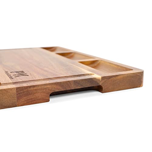 Acacia Wood Cutting Board with Compartments, Cutting Board with Juice Grooves, Charcuterie Board for Meat, Cheese, and Vegetables (Small)