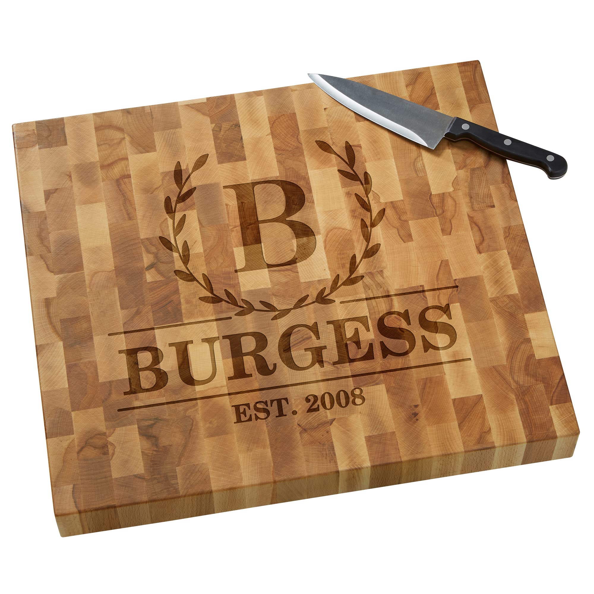 Personalization Universe Laurel Wreath Personalized Butcher Block Cutting Board, Custom Engraved Wood Cutting Board for Kitchen, First Home, House 16x18x1.75" - Made in USA