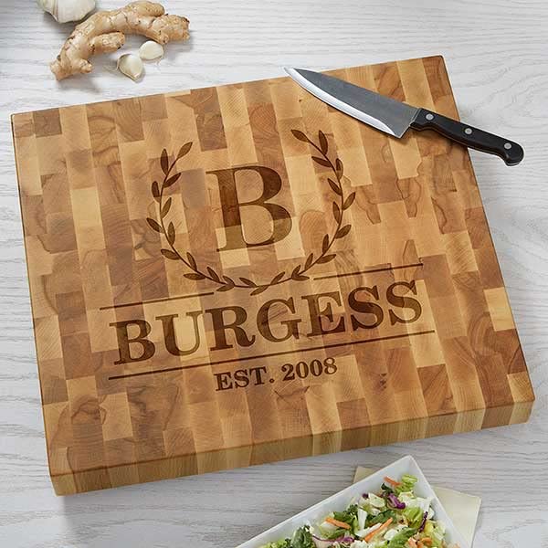 Personalization Universe Laurel Wreath Personalized Butcher Block Cutting Board, Custom Engraved Wood Cutting Board for Kitchen, First Home, House 16x18x1.75" - Made in USA