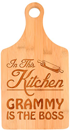 Mother's Day Gift for Grandma In This Kitchen Grammy is the Boss Paddle Shaped Bamboo Cutting Board