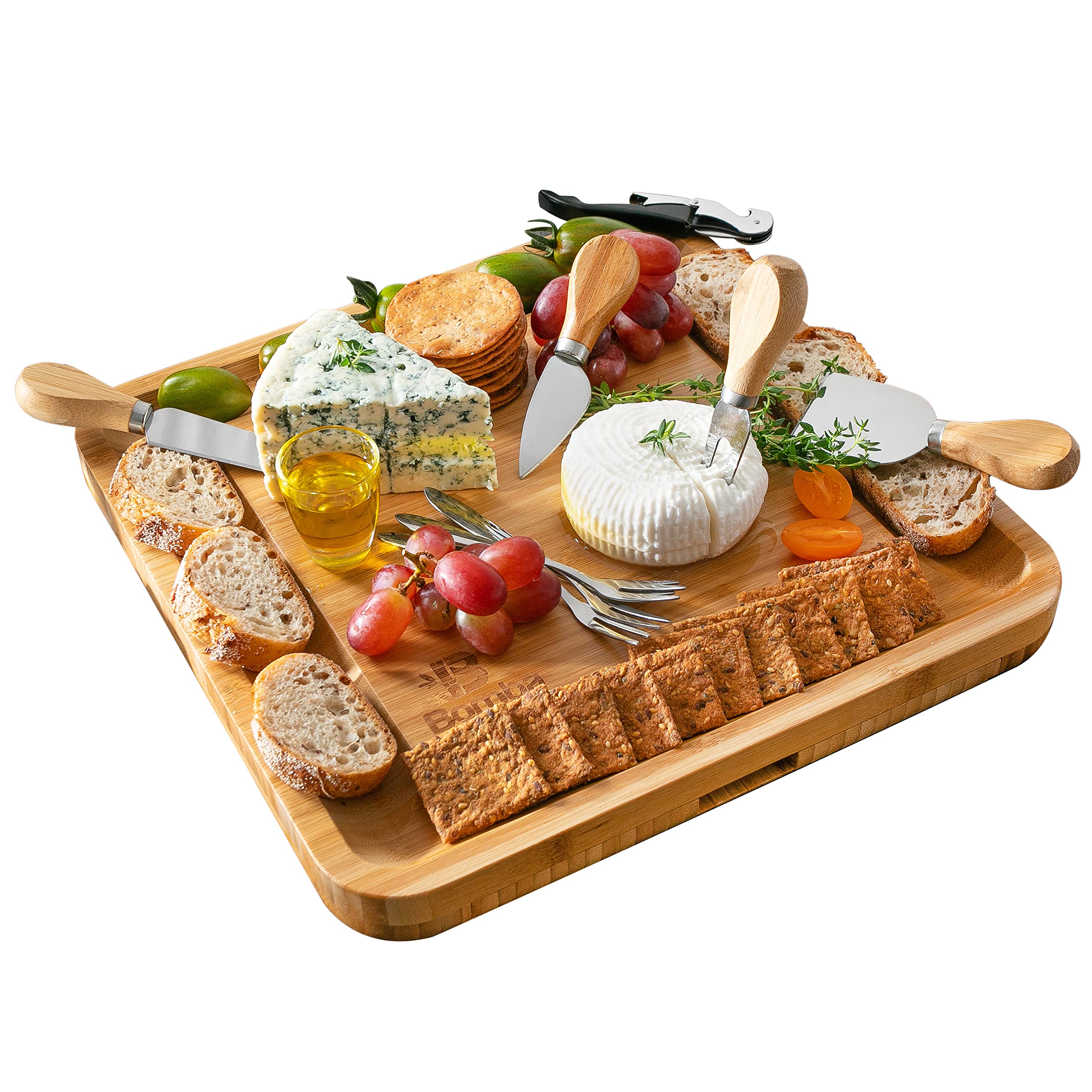 Bamboo Cheese Board – 13 x 13 inches Charcuterie Board with Accessories – Includes 4 Cheese Knives & Forks and Wine Opener - Magnetic Drawer – Ideal for Cheese, Fruit, Wine, Meat