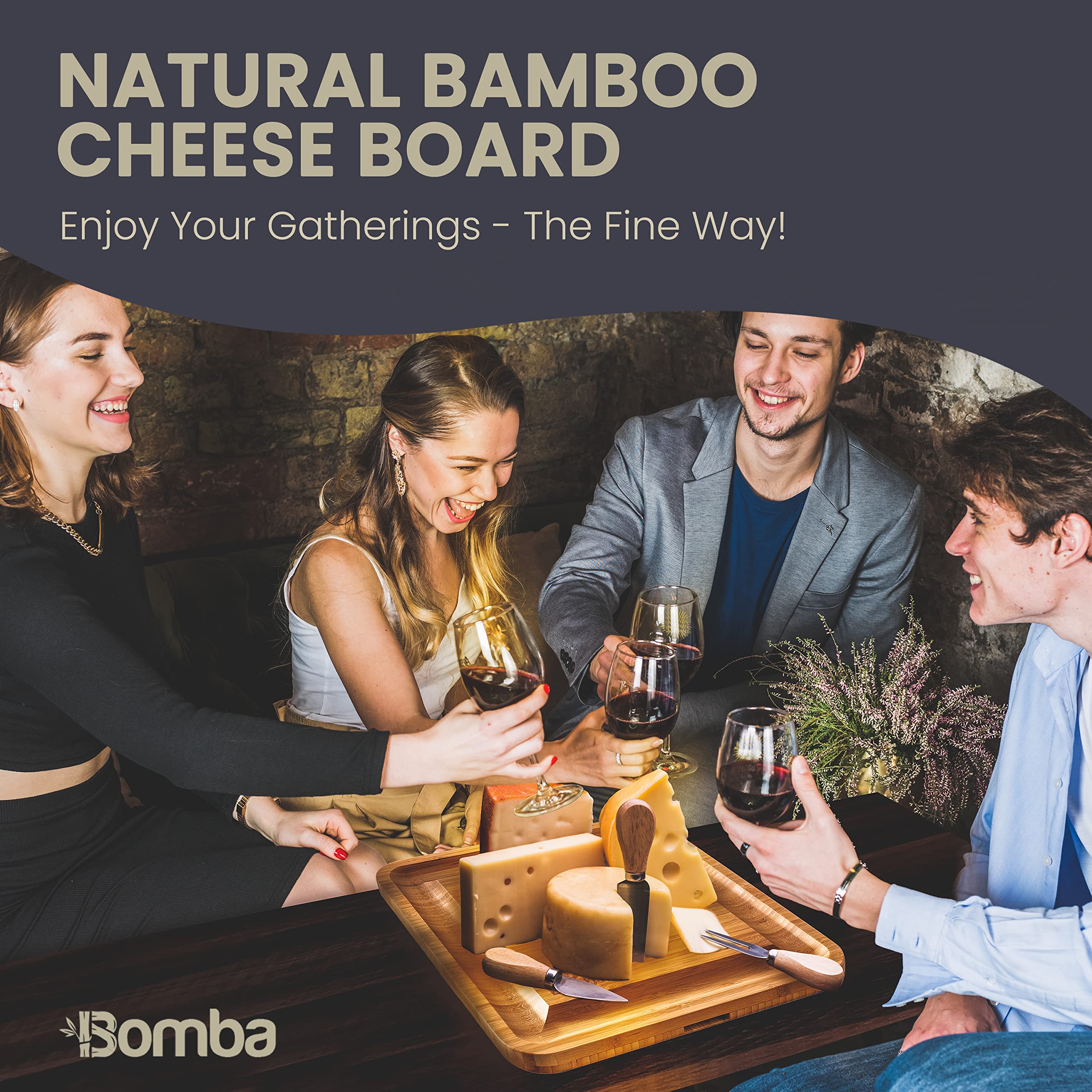 Bamboo Cheese Board – 13 x 13 inches Charcuterie Board with Accessories – Includes 4 Cheese Knives & Forks and Wine Opener - Magnetic Drawer – Ideal for Cheese, Fruit, Wine, Meat