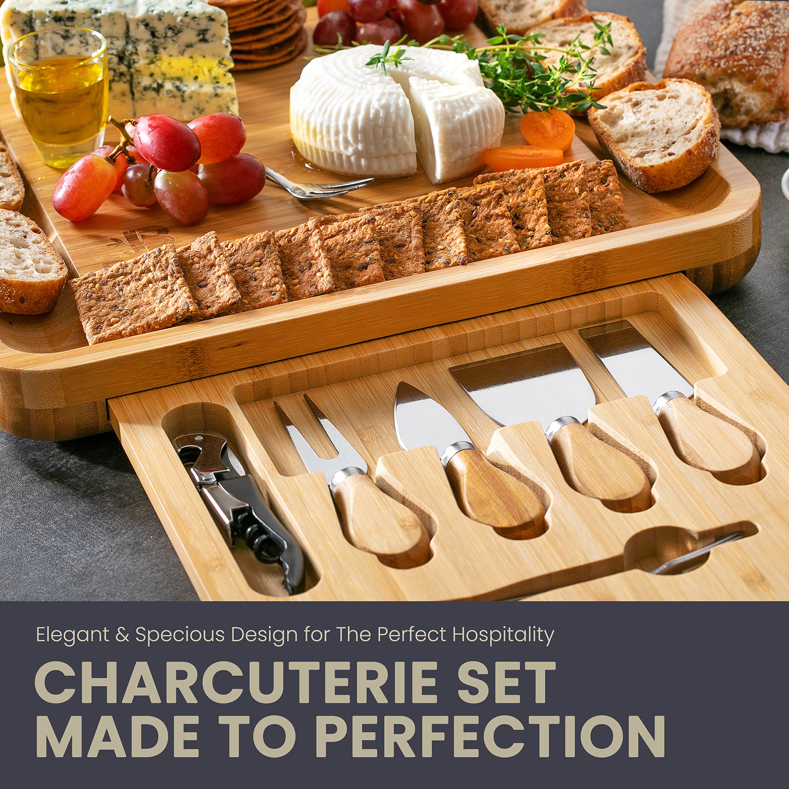 Bamboo Cheese Board – 13 x 13 inches Charcuterie Board with Accessories – Includes 4 Cheese Knives & Forks and Wine Opener - Magnetic Drawer – Ideal for Cheese, Fruit, Wine, Meat