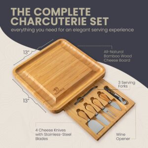 Bamboo Cheese Board – 13 x 13 inches Charcuterie Board with Accessories – Includes 4 Cheese Knives & Forks and Wine Opener - Magnetic Drawer – Ideal for Cheese, Fruit, Wine, Meat