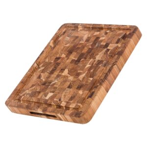 teakhaus butcher block cutting board - medium thick cutting board with juice groove - teak end grain wood - knife friendly - fsc certified