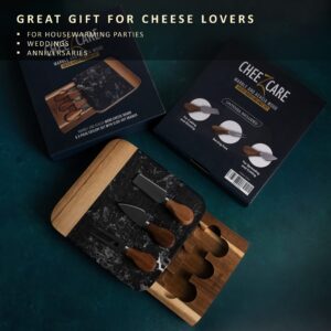 Cheezcare Marble Cheese Board - Acacia Wood Tray with 3-Knife Set - Marble Charcuterie Board for 2-6 People - Great Gift for Weddings, Anniversary & Housewarming Parties - Black Marble Board