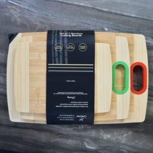 Bamboo Voyage Cutting Board Set of 3, 100% Natural Organic Bamboo, Knife Sharpener, Easy Hang Dry with color Silicone handles, Premium and Sturdy Chopping Boards for Vegetables, Meat and Cheese