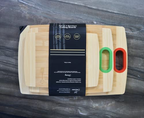 Bamboo Voyage Cutting Board Set of 3, 100% Natural Organic Bamboo, Knife Sharpener, Easy Hang Dry with color Silicone handles, Premium and Sturdy Chopping Boards for Vegetables, Meat and Cheese