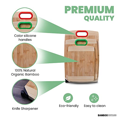 Bamboo Voyage Cutting Board Set of 3, 100% Natural Organic Bamboo, Knife Sharpener, Easy Hang Dry with color Silicone handles, Premium and Sturdy Chopping Boards for Vegetables, Meat and Cheese