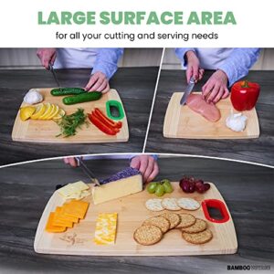 Bamboo Voyage Cutting Board Set of 3, 100% Natural Organic Bamboo, Knife Sharpener, Easy Hang Dry with color Silicone handles, Premium and Sturdy Chopping Boards for Vegetables, Meat and Cheese