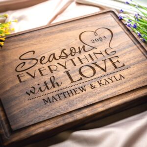 personalized cutting board, custom wedding, anniversary or housewarming gift idea, wood engraved charcuterie, for couples or family, season with love design 032