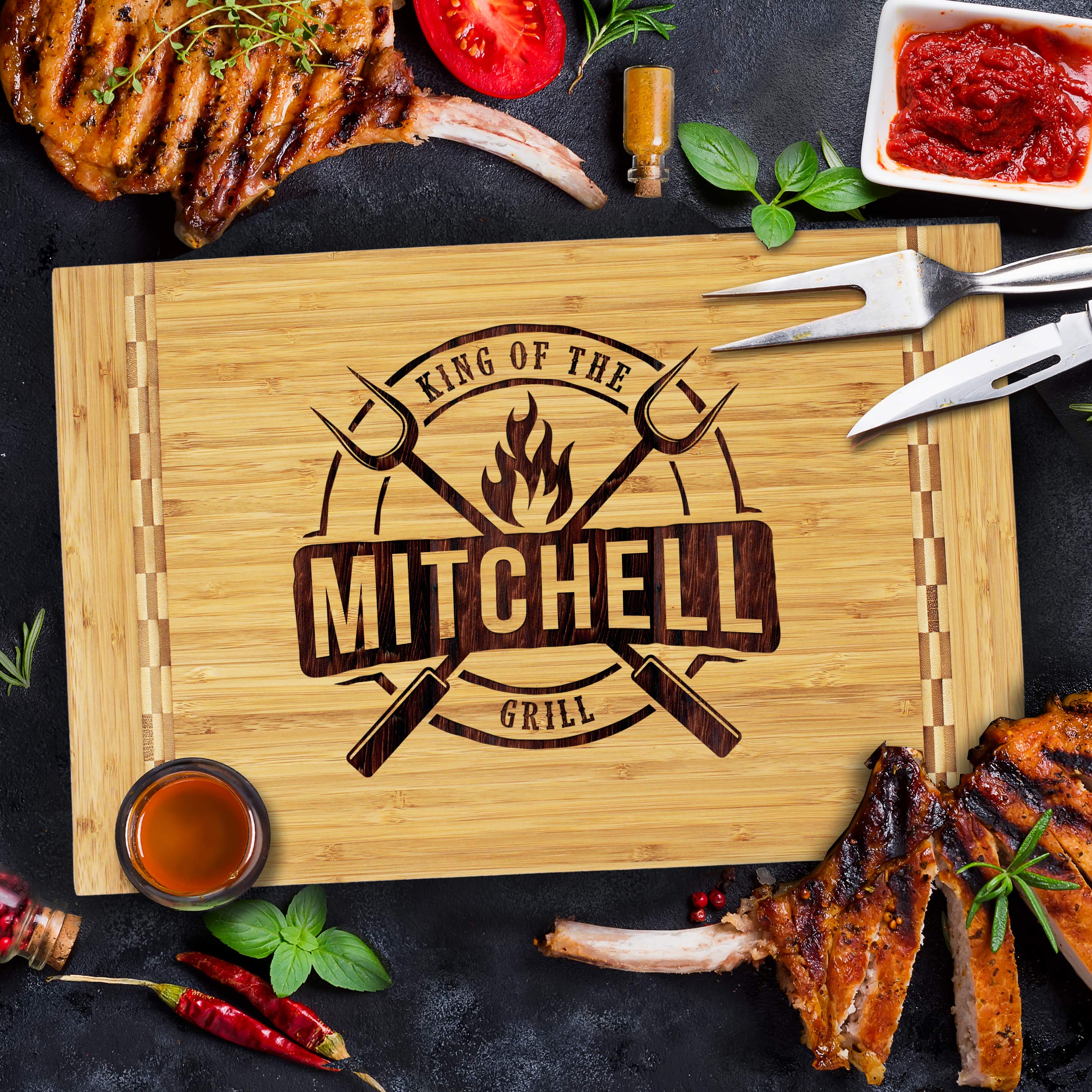 Custom Personalized King of the Grill BBQ Bamboo Deluxe Cutting, Carving and Slicing Board (Large Rectangle - 18" x 12")