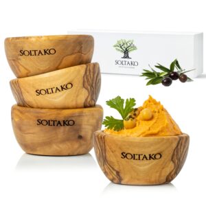 soltako 4 mini dip bowls set of olive wood - tapas bowls set - small mediterranean bowl for olives & bbq sauces - dip bowl for - Ø 6 c