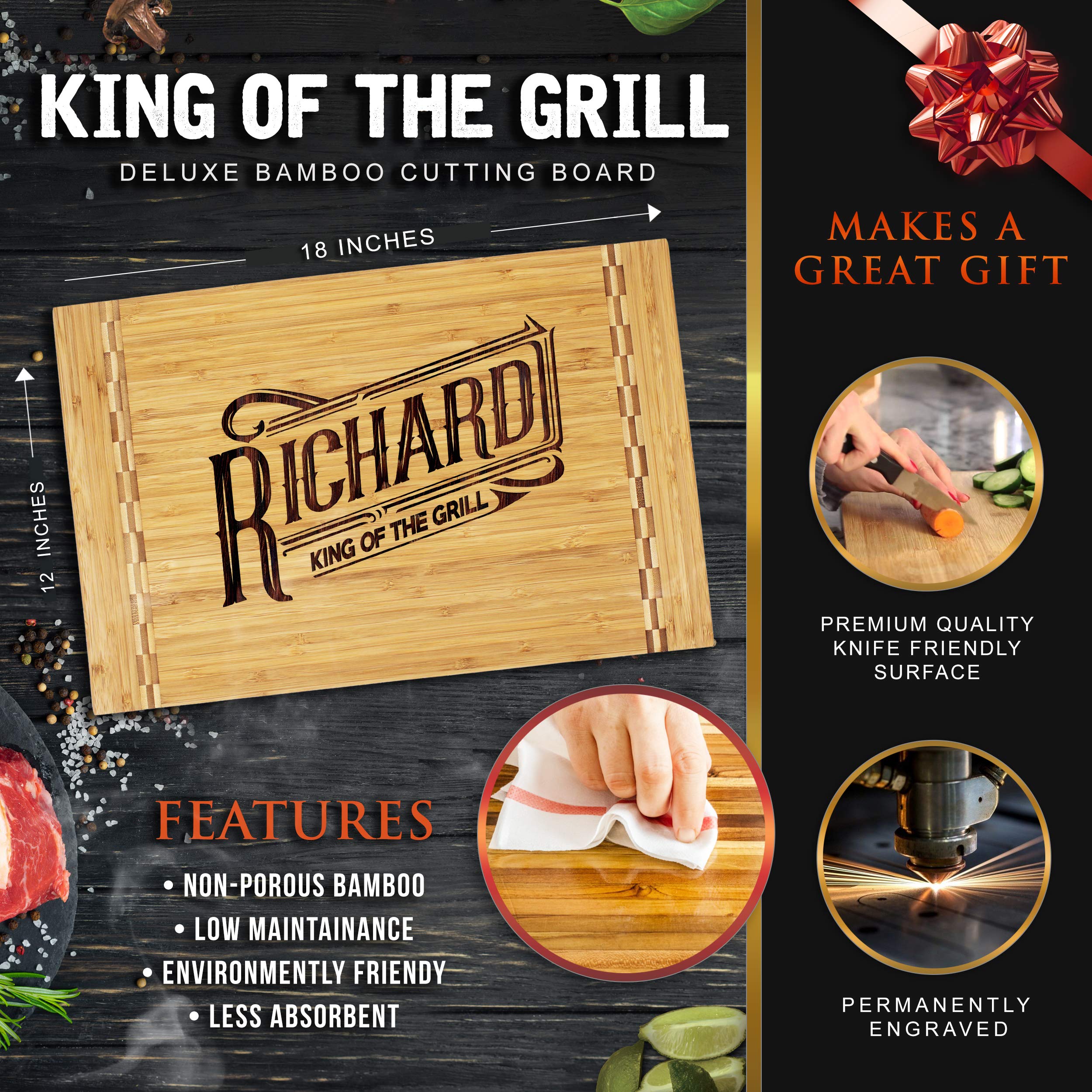 Custom Personalized King of the Grill BBQ Bamboo Deluxe Cutting, Carving and Slicing Board (Large Rectangle - 18" x 12")