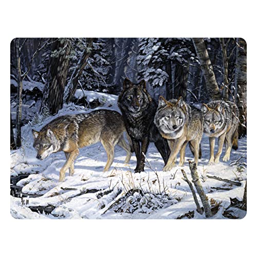 Rivers Edge Products Large 12in x 16in Decorative Tempered Glass Cutting Board, Hypoallergenic, Non Slip, Textured Surface Chopping Board for Kitchen, Pack of Wolves in the Snowy Woods, Wolf