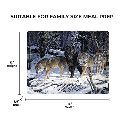 Rivers Edge Products Large 12in x 16in Decorative Tempered Glass Cutting Board, Hypoallergenic, Non Slip, Textured Surface Chopping Board for Kitchen, Pack of Wolves in the Snowy Woods, Wolf