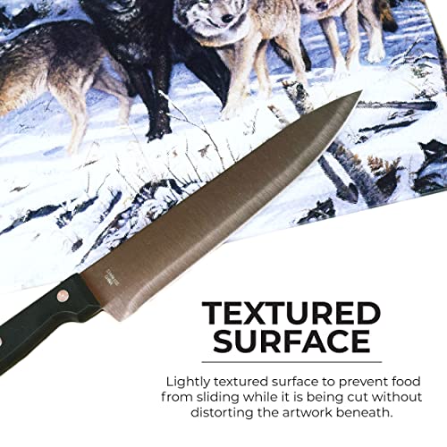 Rivers Edge Products Large 12in x 16in Decorative Tempered Glass Cutting Board, Hypoallergenic, Non Slip, Textured Surface Chopping Board for Kitchen, Pack of Wolves in the Snowy Woods, Wolf