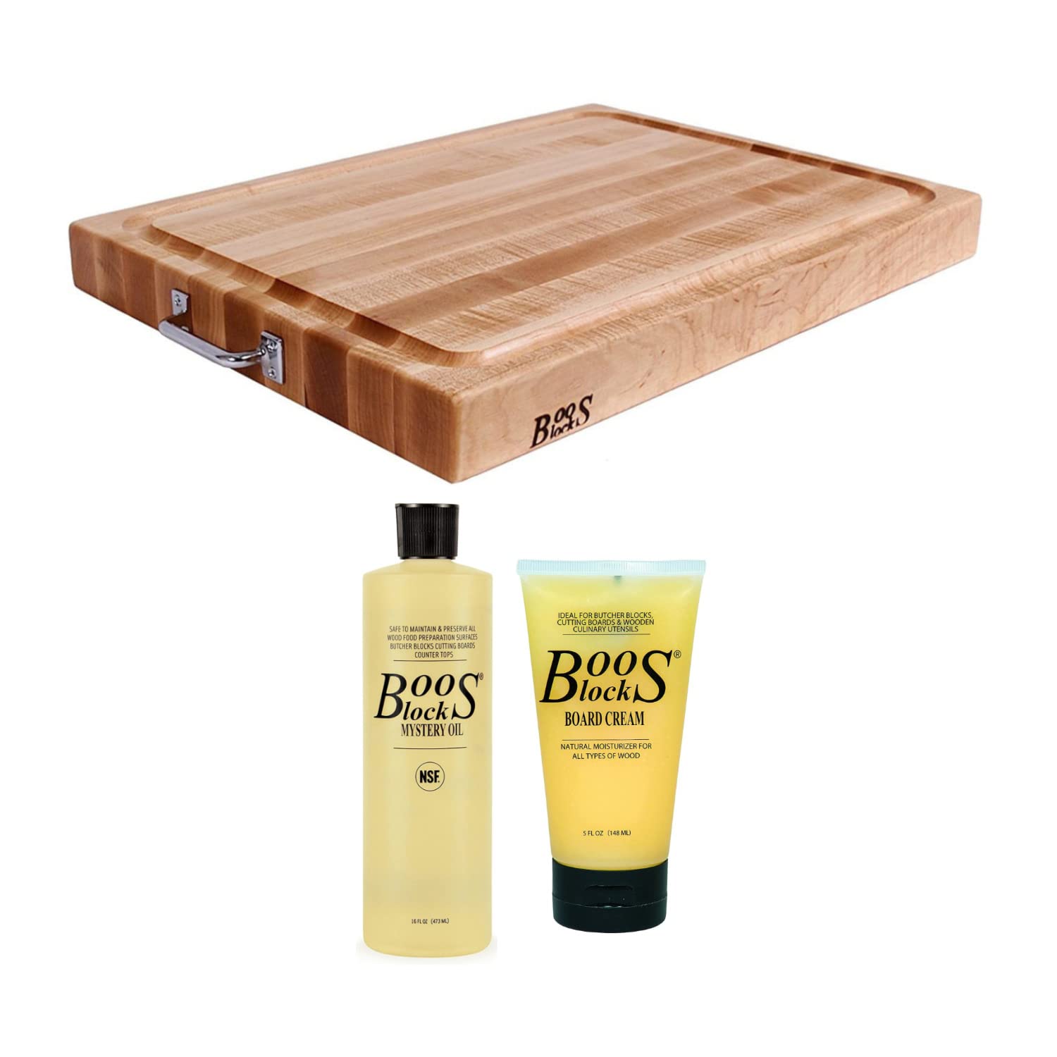 John Boos Block RAFR2418 Reversible Maple Edge Grain Cutting Board with Butcher Block Oil and Cream Bundle (3 Items)