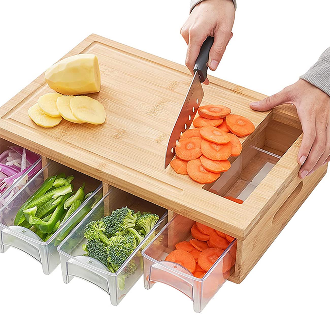 OLOZIQ Bamboo Cutting Board with Trays and Lids Storage Containers – Multifunction Easy Chopping Meal Prep Station with Juice Grooves – 4 Multi-Functional Graters Included with Food Sliding Opening