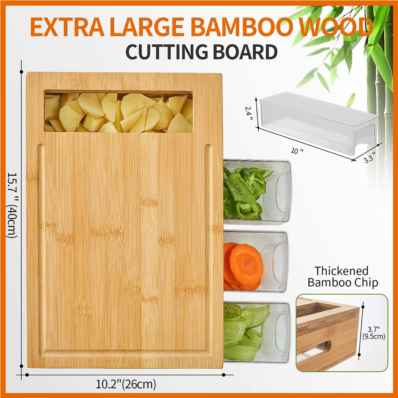 OLOZIQ Bamboo Cutting Board with Trays and Lids Storage Containers – Multifunction Easy Chopping Meal Prep Station with Juice Grooves – 4 Multi-Functional Graters Included with Food Sliding Opening