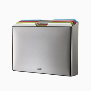 Joseph Joseph Index Plastic Cutting Board Set with Stainless Steel Storage Case Color-Coded Dishwasher-Safe Non-Slip, Large, Steel Multicolored