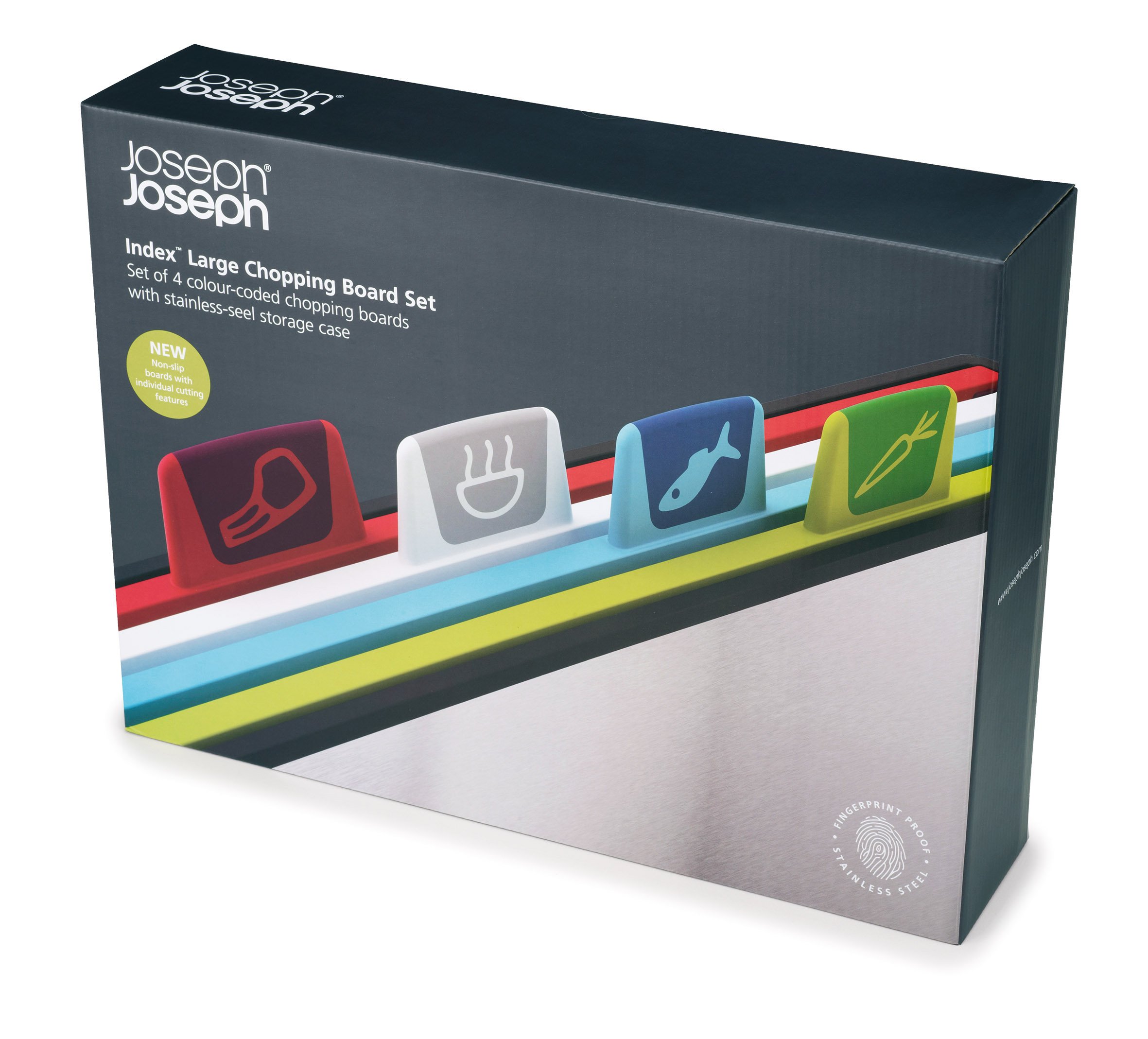 Joseph Joseph Index Plastic Cutting Board Set with Stainless Steel Storage Case Color-Coded Dishwasher-Safe Non-Slip, Large, Steel Multicolored