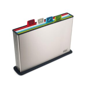 Joseph Joseph Index Plastic Cutting Board Set with Stainless Steel Storage Case Color-Coded Dishwasher-Safe Non-Slip, Large, Steel Multicolored