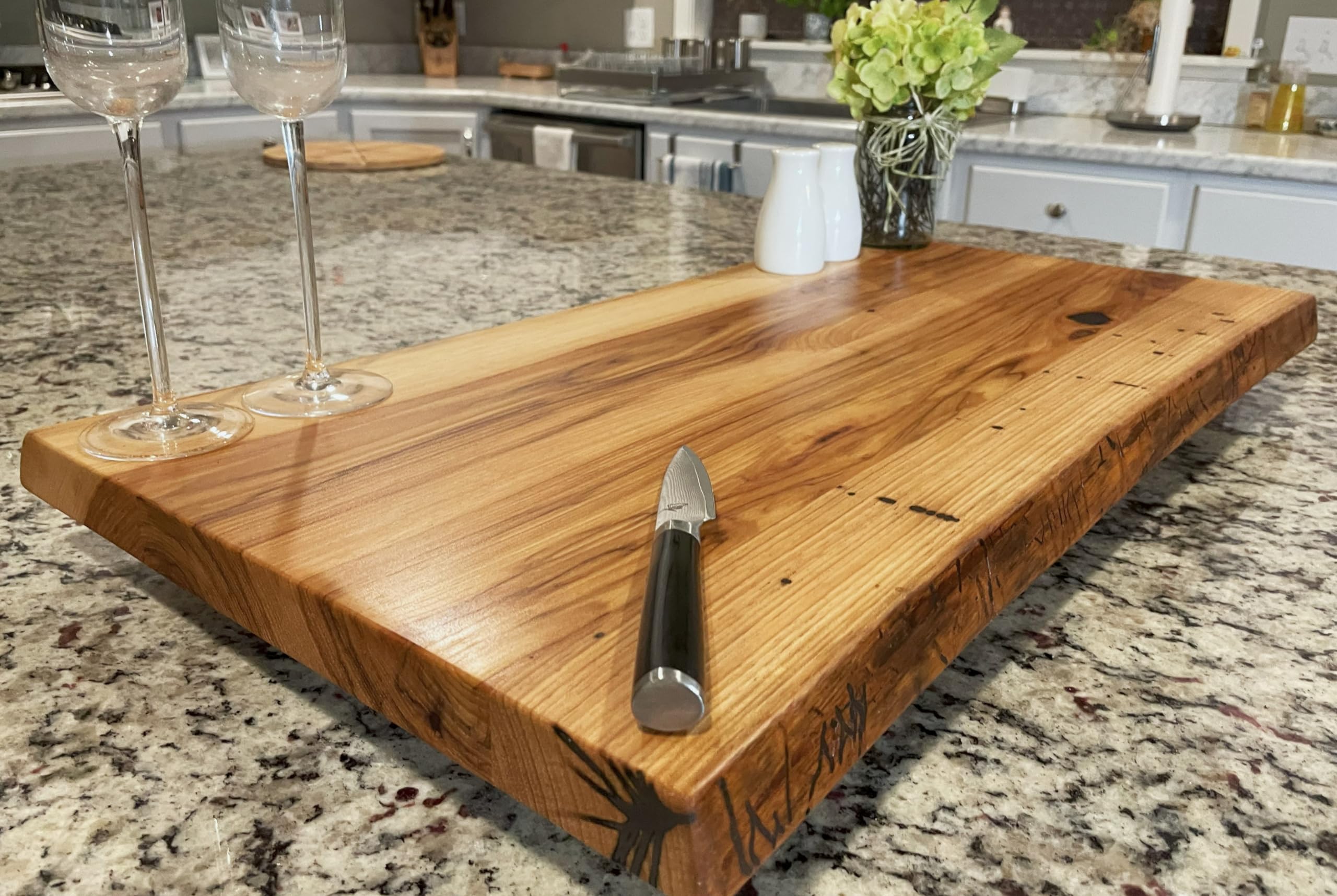 Hickory X Large, Gorgeous, Full-of-Character, Uncommon, Forest-to-Table Solid Double Live Edge Wood Charcuterie/Appetizer/Dessert/Grazing Board. 100% USA Handcrafted. 27 x 14.5 x 1.25"