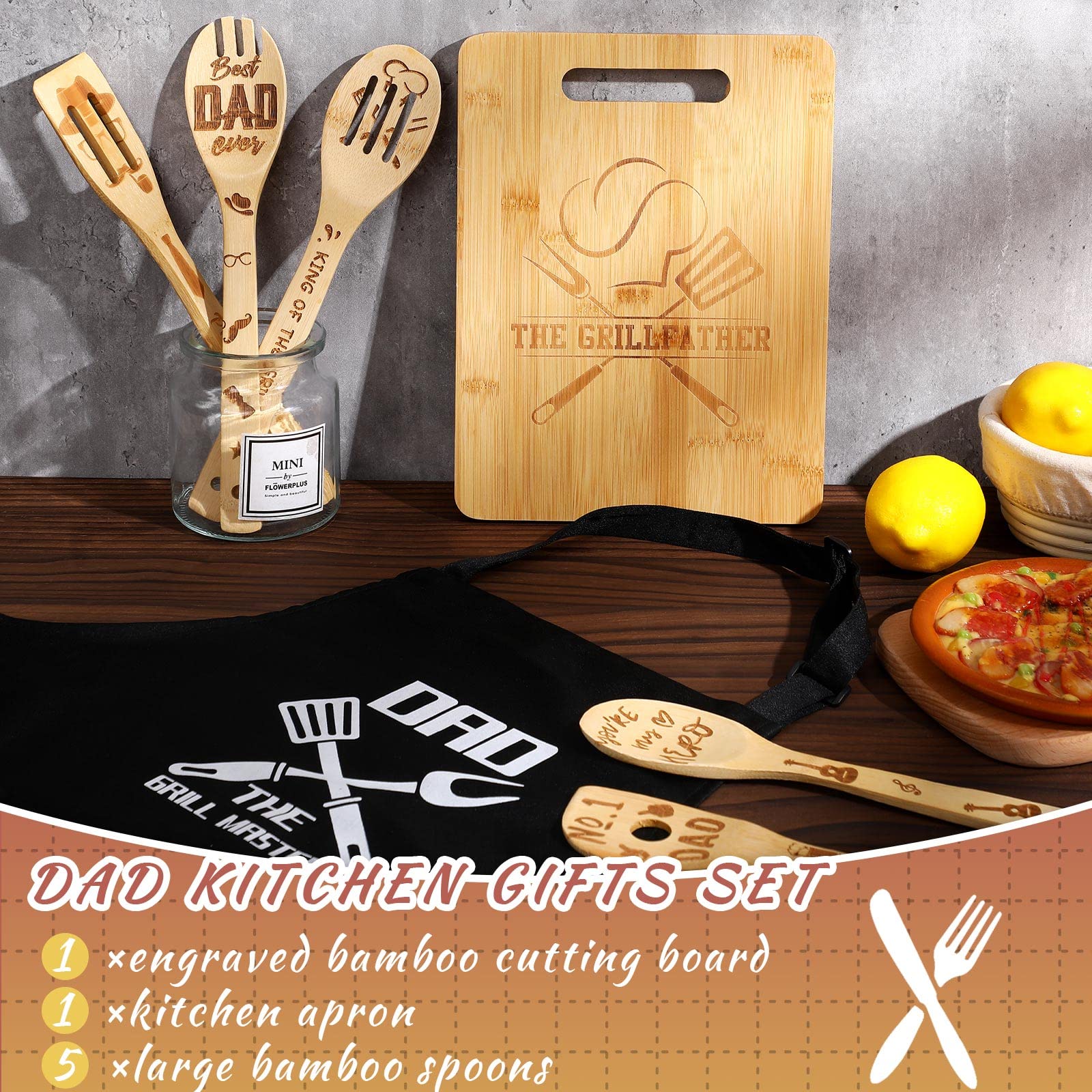 Nuenen 7 Pcs Father's Day Gifts Grandpa Gifts Papa Gifts, Dad Gift from Daughter Cutting Board Apron Bamboo Spoons Utensils(Dad)