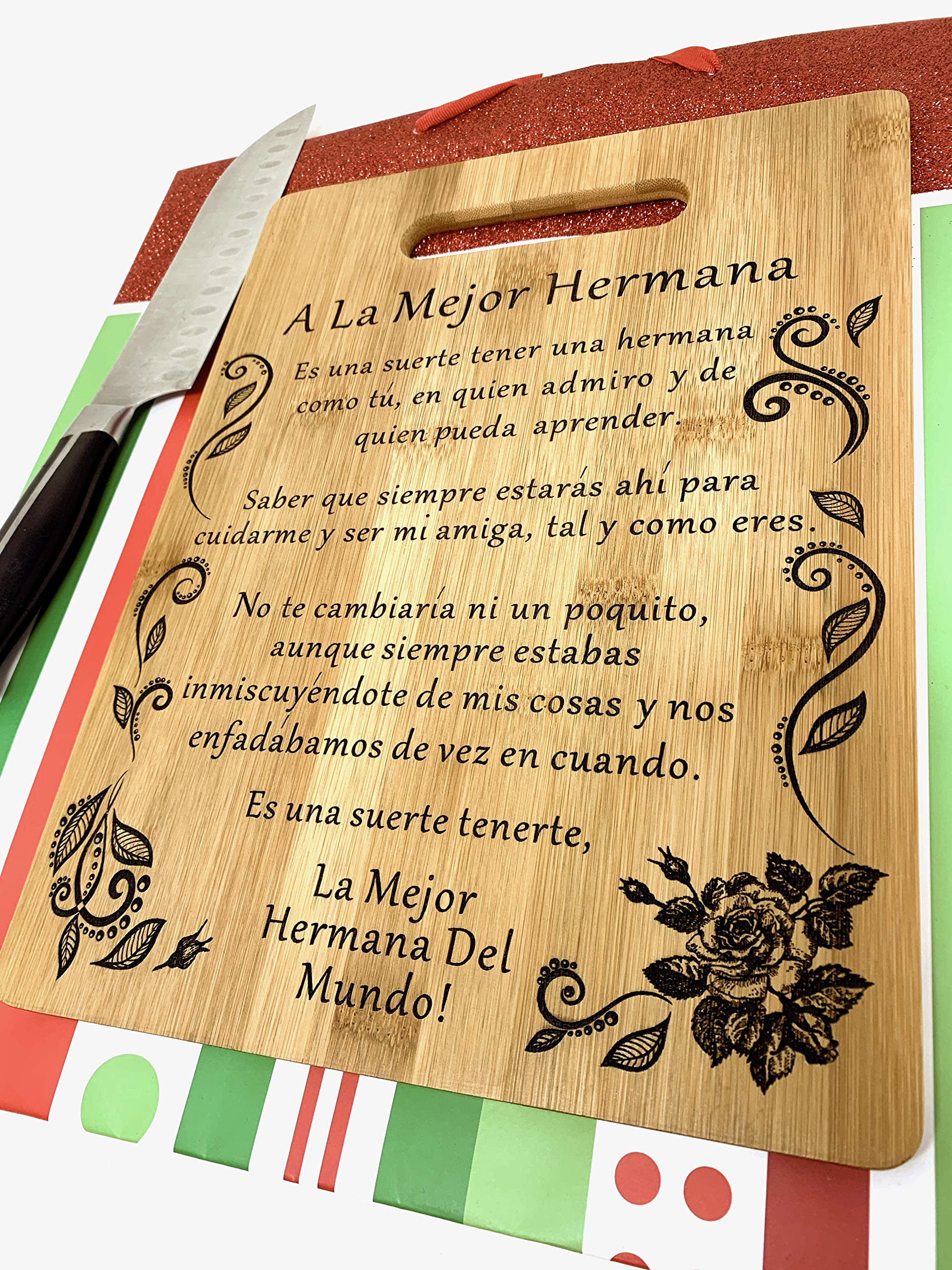 Regalo para Hermana: Tabla de cortar de bambú grabada (22 x 30 cm) Gift for Sister-Engraved bamboo cutting board 9"x12"