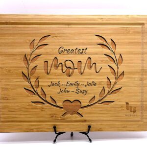 Personalized Cutting Board for Mom or Grandma, Custom Engraved Name and Text, Customized Mom and Grandma Gift from Daughter or Son, Kitchen Sign with Stand, 12 Designs and 3 Sizes