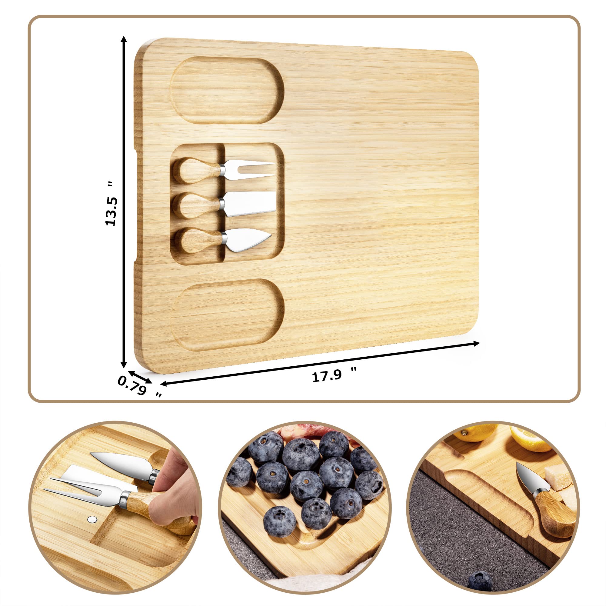 Bamboo Cheese Board with Magnetic Knife Set, Charcuterie Board Set, Unique Bamboo Cutting Board, Cheese Tray Platter, Gift for House Warming, Anniversary, Christmas, Thanksgiving