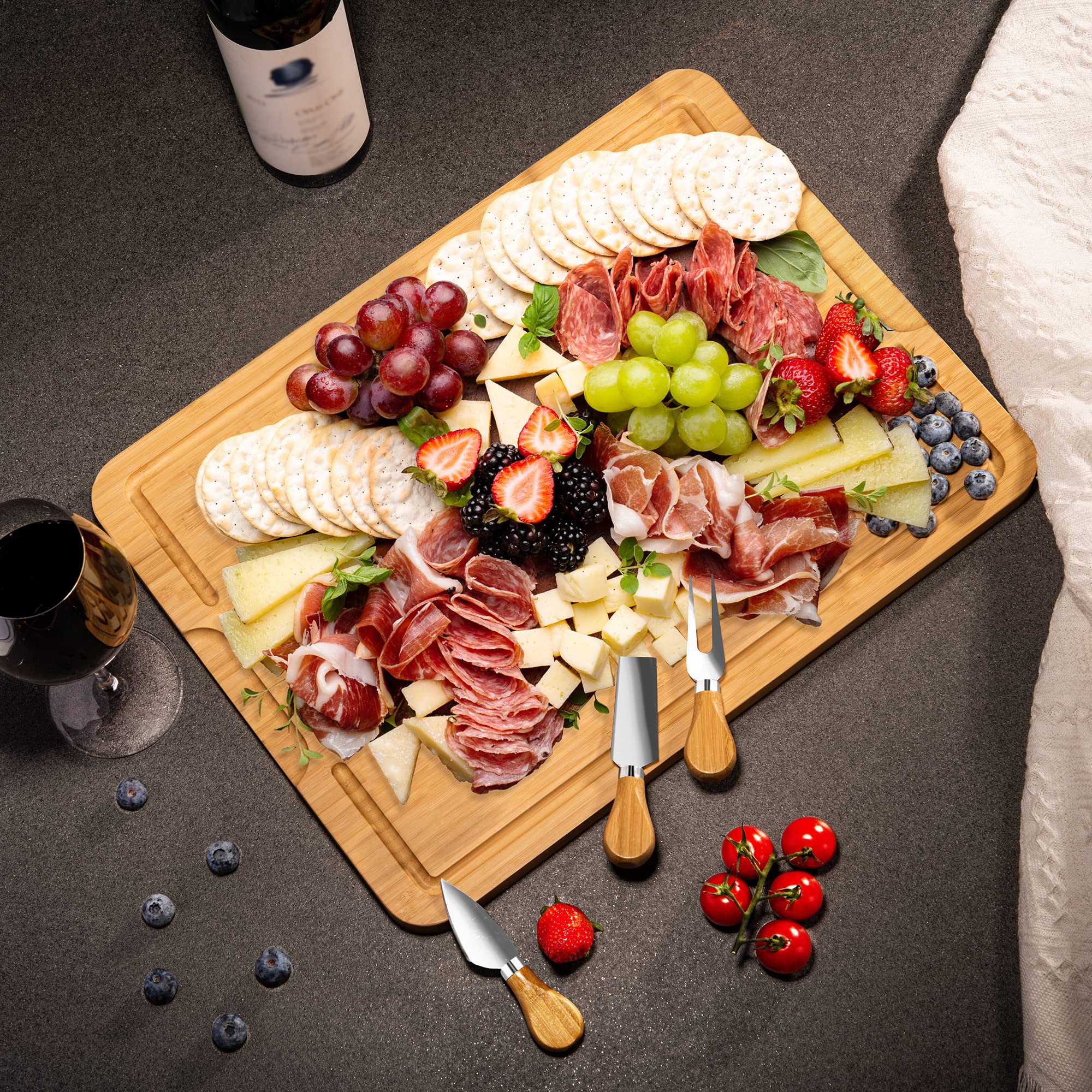 Bamboo Cheese Board with Magnetic Knife Set, Charcuterie Board Set, Unique Bamboo Cutting Board, Cheese Tray Platter, Gift for House Warming, Anniversary, Christmas, Thanksgiving