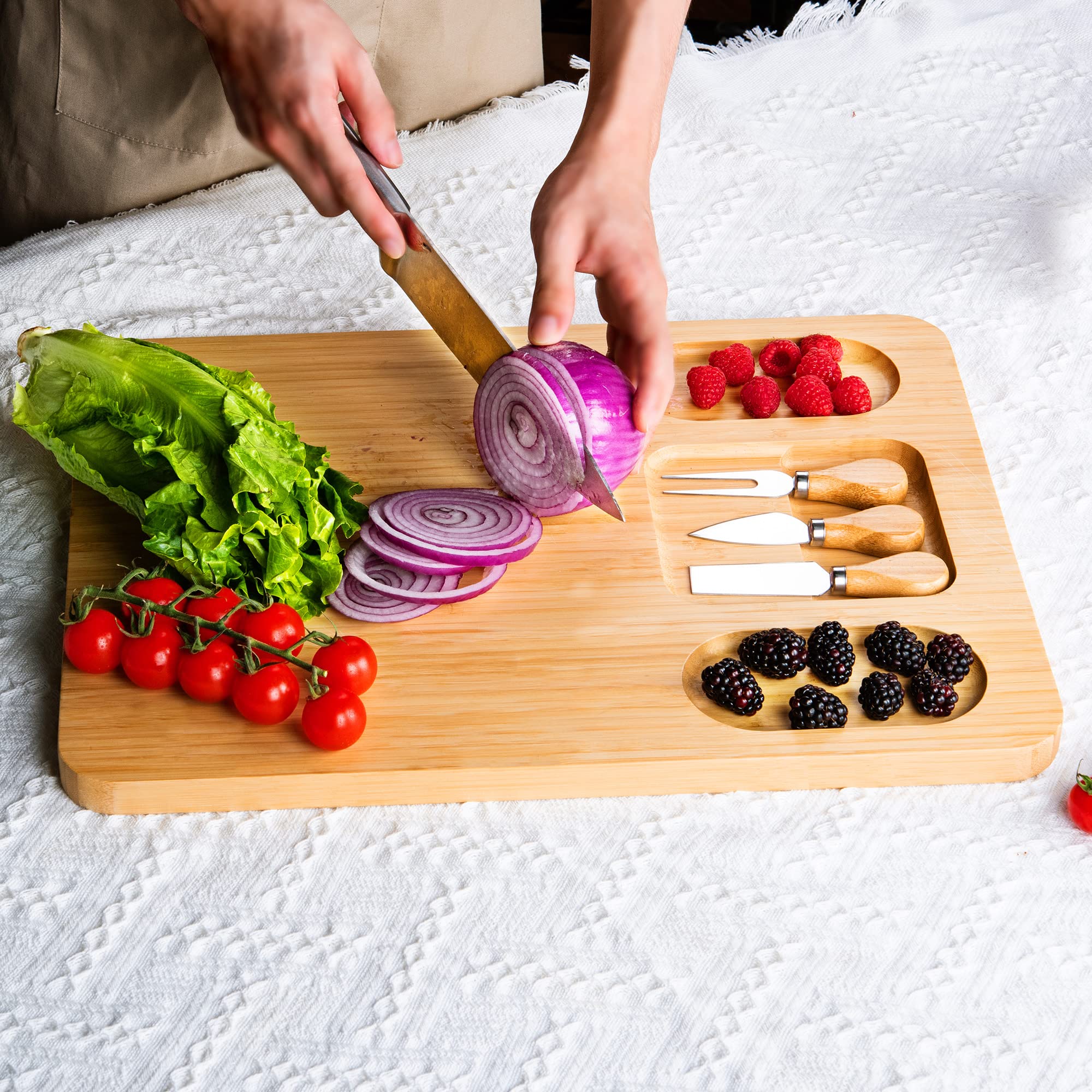 Bamboo Cheese Board with Magnetic Knife Set, Charcuterie Board Set, Unique Bamboo Cutting Board, Cheese Tray Platter, Gift for House Warming, Anniversary, Christmas, Thanksgiving