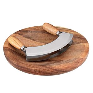 Navaris Cutting Board & Mezzaluna Knife - Wooden Chopping Board & 2-Bladed Curved Herb Cutter - Round Acacia Wood Board & Double Blade Rocker Chopper