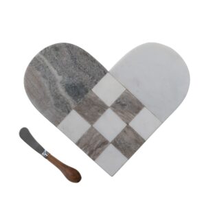 Creative Co-Op Marble Heart Shaped Charcuterie Canapé Knife, White and Grey Cheese/Cutting Board, Gray