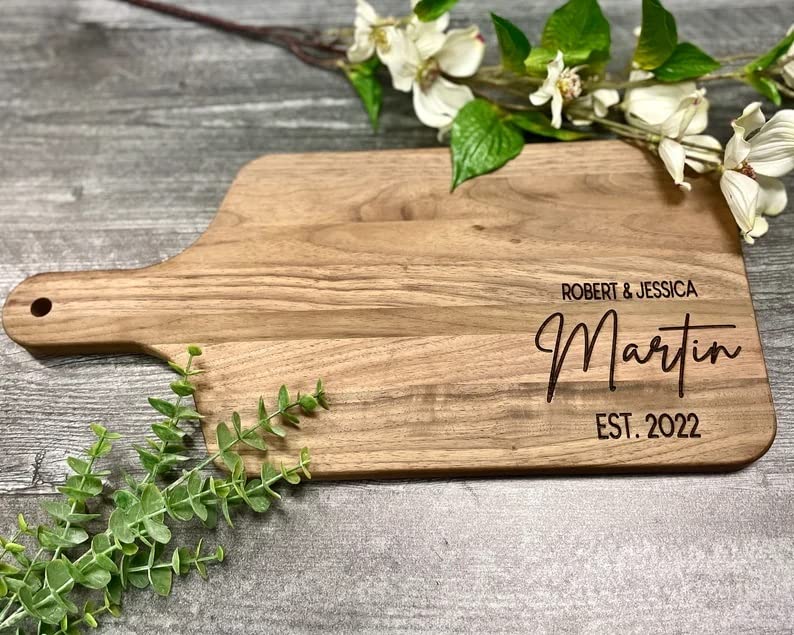 Engraved Cutting Board with Handle, Newly Wed Gifts, Charcuterie Board Personalized Serving Board Personalized Cheese Board Engagement Gifts