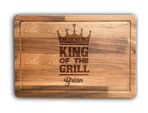 king of the grill cutting board gift for father, birthday gift for dad, personalized cutting board gift for husband, dad's birthday gifts, anniversary, with apron and display stand