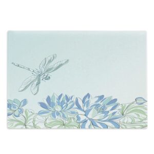 ambesonne dragonfly cutting board, waterlilies flowers and dragonflies simplistic design eco nature theme artwork, decorative tempered glass cutting and serving board, large size, blue green