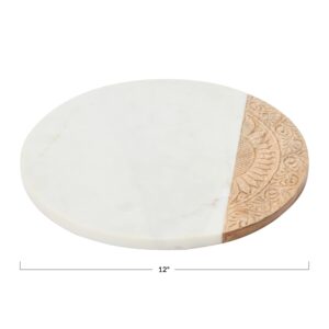 Creative Co-Op Contemporary Mango Wood and Marble Serving Engraved Design Cutting Board, 12" Round, White & Natural