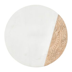 Creative Co-Op Contemporary Mango Wood and Marble Serving Engraved Design Cutting Board, 12" Round, White & Natural