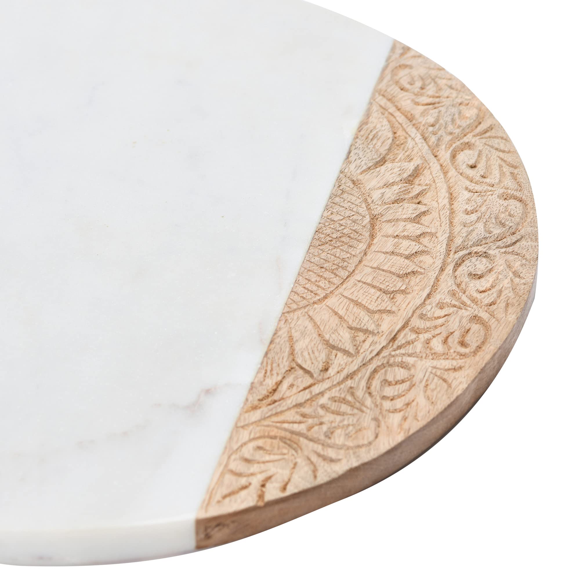 Creative Co-Op Contemporary Mango Wood and Marble Serving Engraved Design Cutting Board, 12" Round, White & Natural