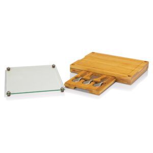 toscana - a picnic time brand concerto glass top cheese and knife set - charcuterie set - glass top cutting board, (bamboo)