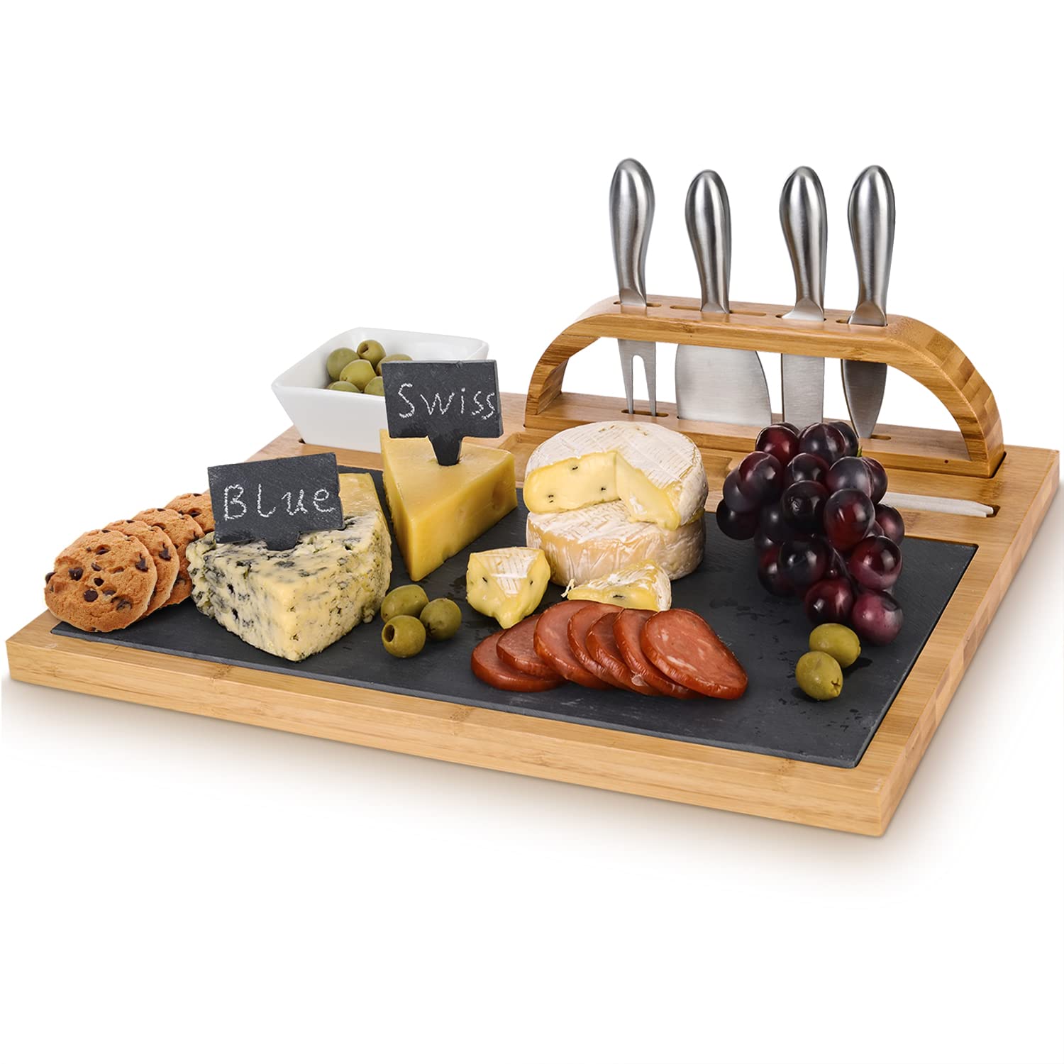 MH Zone Bamboo Cheese Board Set Cheese Plate Cheese Tray (Upgrade Type 16" x 13") Charcuterie Board with 4 Stainless Steel Knife 1 Ceramic Dish, 2 Slate Labels and Markers