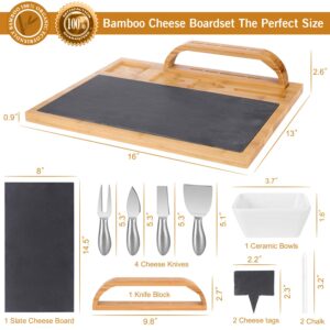 MH Zone Bamboo Cheese Board Set Cheese Plate Cheese Tray (Upgrade Type 16" x 13") Charcuterie Board with 4 Stainless Steel Knife 1 Ceramic Dish, 2 Slate Labels and Markers