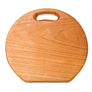 rainforest bowls 11.5"x10.6" circular javanese teak wood cutting board w/handle- ultra-durable, heavy duty, lasts years w/daily use- premium custom design handcrafted by indonesian artisans