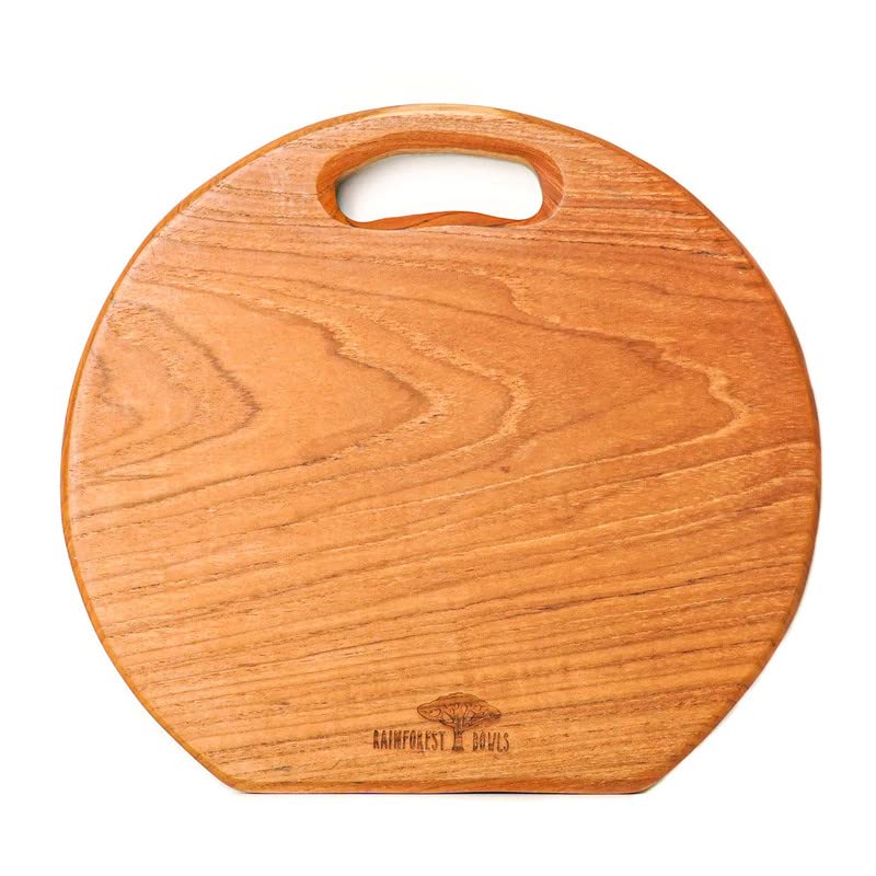 Rainforest Bowls 11.5"x10.6" Circular Javanese Teak Wood Cutting Board w/Handle- Ultra-Durable, Heavy Duty, Lasts Years w/Daily Use- Premium Custom Design Handcrafted by Indonesian Artisans