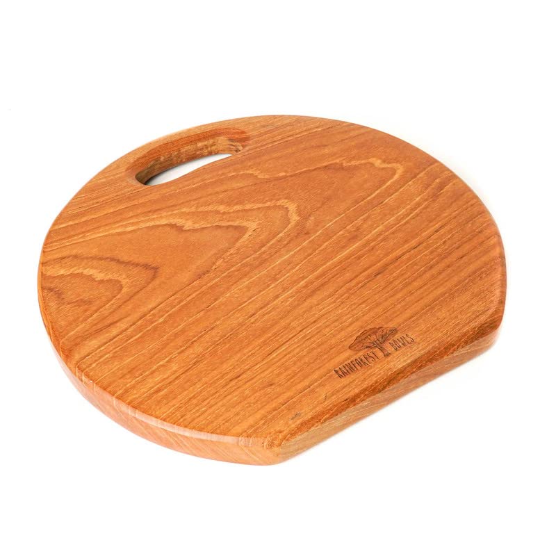 Rainforest Bowls 11.5"x10.6" Circular Javanese Teak Wood Cutting Board w/Handle- Ultra-Durable, Heavy Duty, Lasts Years w/Daily Use- Premium Custom Design Handcrafted by Indonesian Artisans